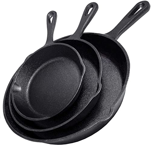 Pre-Seasoned Cast Iron Skillet 3-Piece Set - Best Heavy-Duty Professional Restaurant Chef Quality Pan Cookware Set - 10", 8", 6" - Great For Frying, Saute, Cooking, Pizza etc, Black