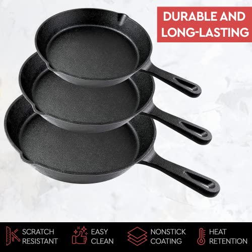 Pre-Seasoned Cast Iron Skillet 3-Piece Set - Best Heavy-Duty Professional Restaurant Chef Quality Pan Cookware Set - 10", 8", 6" - Great For Frying, Saute, Cooking, Pizza etc, Black