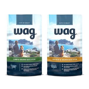 amazon brand - wag wet dog food topper, chicken & lamb brown rice stew in gravy variety pack, 5.3 oz pouches (pack of 24)