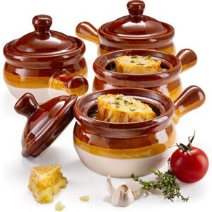 french onion soup crocks with lids, by kook, ceramic bowls, large handles, dishwasher, microwave, oven & broil safe, brown/white, set of 4, 15 oz, puebla collection