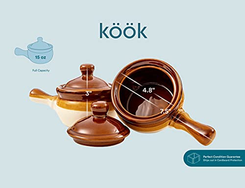 French Onion Soup Crocks with Lids, by Kook, Ceramic Bowls, Large Handles, Dishwasher, Microwave, Oven & Broil Safe, Brown/White, Set of 4, 15 oz, Puebla Collection