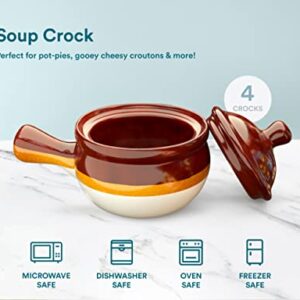 French Onion Soup Crocks with Lids, by Kook, Ceramic Bowls, Large Handles, Dishwasher, Microwave, Oven & Broil Safe, Brown/White, Set of 4, 15 oz, Puebla Collection