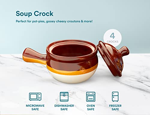 French Onion Soup Crocks with Lids, by Kook, Ceramic Bowls, Large Handles, Dishwasher, Microwave, Oven & Broil Safe, Brown/White, Set of 4, 15 oz, Puebla Collection