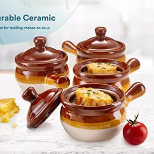 French Onion Soup Crocks with Lids, by Kook, Ceramic Bowls, Large Handles, Dishwasher, Microwave, Oven & Broil Safe, Brown/White, Set of 4, 15 oz, Puebla Collection