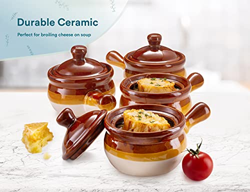 French Onion Soup Crocks with Lids, by Kook, Ceramic Bowls, Large Handles, Dishwasher, Microwave, Oven & Broil Safe, Brown/White, Set of 4, 15 oz, Puebla Collection