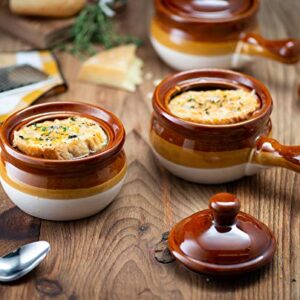 French Onion Soup Crocks with Lids, by Kook, Ceramic Bowls, Large Handles, Dishwasher, Microwave, Oven & Broil Safe, Brown/White, Set of 4, 15 oz, Puebla Collection