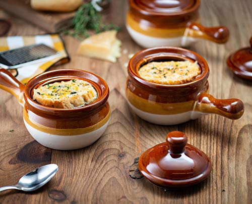 French Onion Soup Crocks with Lids, by Kook, Ceramic Bowls, Large Handles, Dishwasher, Microwave, Oven & Broil Safe, Brown/White, Set of 4, 15 oz, Puebla Collection