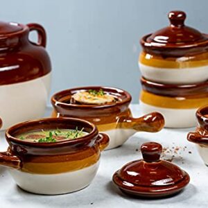 French Onion Soup Crocks with Lids, by Kook, Ceramic Bowls, Large Handles, Dishwasher, Microwave, Oven & Broil Safe, Brown/White, Set of 4, 15 oz, Puebla Collection