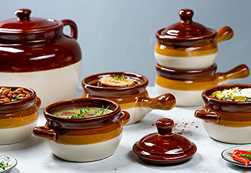 French Onion Soup Crocks with Lids, by Kook, Ceramic Bowls, Large Handles, Dishwasher, Microwave, Oven & Broil Safe, Brown/White, Set of 4, 15 oz, Puebla Collection