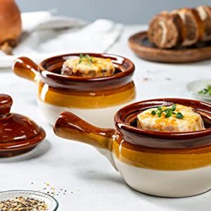 French Onion Soup Crocks with Lids, by Kook, Ceramic Bowls, Large Handles, Dishwasher, Microwave, Oven & Broil Safe, Brown/White, Set of 4, 15 oz, Puebla Collection