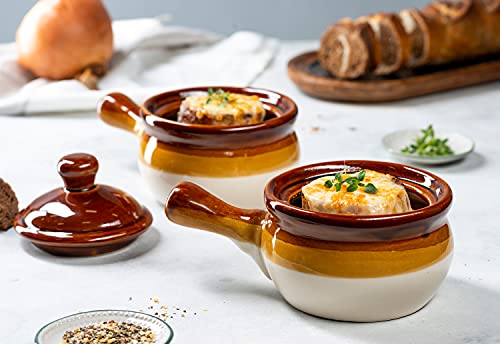 French Onion Soup Crocks with Lids, by Kook, Ceramic Bowls, Large Handles, Dishwasher, Microwave, Oven & Broil Safe, Brown/White, Set of 4, 15 oz, Puebla Collection