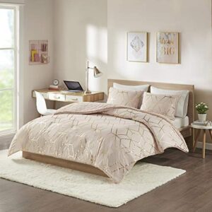 intelligent design ainsley comforter set-geometric metallic print to faux fur reverse trendy all season hypoallergenic bedding, matching sham, twin/twin xl, blush 2 piece (id10-1761)