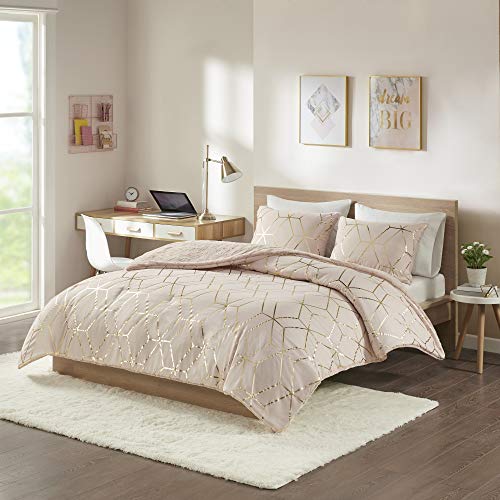 Intelligent Design Ainsley Comforter Set-Geometric Metallic Print to Faux Fur Reverse Trendy All Season Hypoallergenic Bedding, Matching Sham, Twin/Twin XL, Blush 2 Piece (ID10-1761)