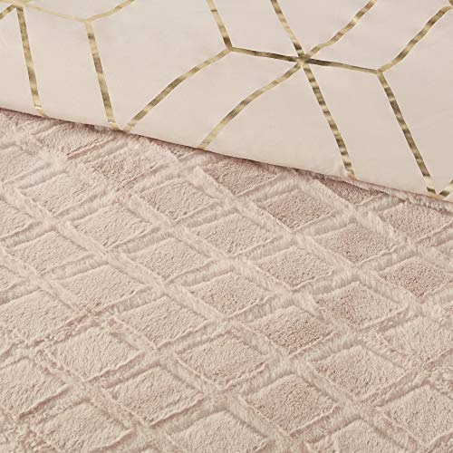 Intelligent Design Ainsley Comforter Set-Geometric Metallic Print to Faux Fur Reverse Trendy All Season Hypoallergenic Bedding, Matching Sham, Twin/Twin XL, Blush 2 Piece (ID10-1761)