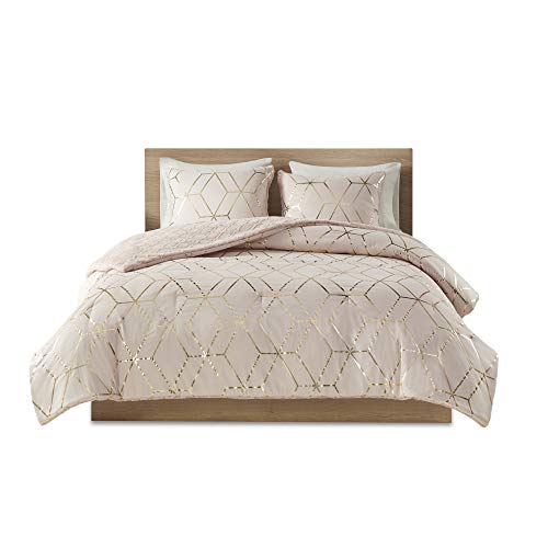 Intelligent Design Ainsley Comforter Set-Geometric Metallic Print to Faux Fur Reverse Trendy All Season Hypoallergenic Bedding, Matching Sham, Twin/Twin XL, Blush 2 Piece (ID10-1761)