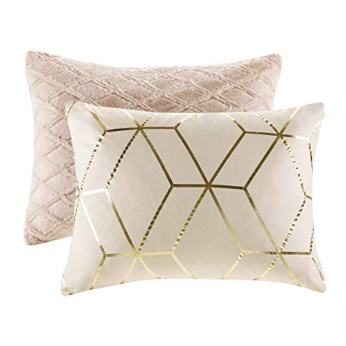 Intelligent Design Ainsley Comforter Set-Geometric Metallic Print to Faux Fur Reverse Trendy All Season Hypoallergenic Bedding, Matching Sham, Twin/Twin XL, Blush 2 Piece (ID10-1761)