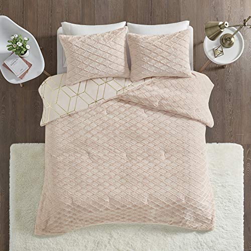 Intelligent Design Ainsley Comforter Set-Geometric Metallic Print to Faux Fur Reverse Trendy All Season Hypoallergenic Bedding, Matching Sham, Twin/Twin XL, Blush 2 Piece (ID10-1761)