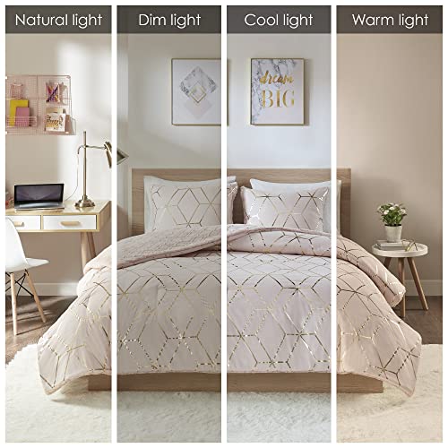 Intelligent Design Ainsley Comforter Set-Geometric Metallic Print to Faux Fur Reverse Trendy All Season Hypoallergenic Bedding, Matching Sham, Twin/Twin XL, Blush 2 Piece (ID10-1761)