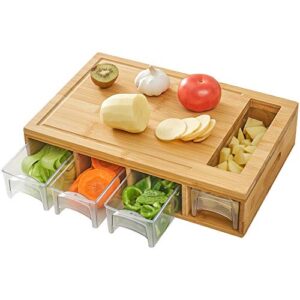 novayeah bamboo cutting board with 4 containers, large chopping board with juice grooves, easy-grip handles & food sliding opening, carving board with trays for food storage, transport and cleanup