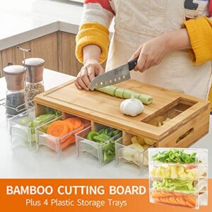 NOVAYEAH Bamboo Cutting Board with 4 Containers, Large Chopping Board with Juice Grooves, Easy-grip Handles & Food Sliding Opening, Carving Board with Trays for Food Storage, Transport and Cleanup