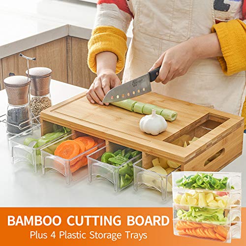 NOVAYEAH Bamboo Cutting Board with 4 Containers, Large Chopping Board with Juice Grooves, Easy-grip Handles & Food Sliding Opening, Carving Board with Trays for Food Storage, Transport and Cleanup