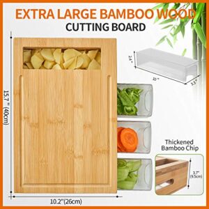 NOVAYEAH Bamboo Cutting Board with 4 Containers, Large Chopping Board with Juice Grooves, Easy-grip Handles & Food Sliding Opening, Carving Board with Trays for Food Storage, Transport and Cleanup