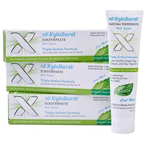 xyloburst natural fluoride-free xylitol premium toothpaste with xylitol and coq10 cool mint - sls-free, paraben free, cruelty free, 4 ounce tube made in the usa (3 tubes)