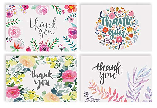 Thank You Cards with Envelopes (100 Pack), 4 Cover Designs, Blank Inside, by Better Office Products, All Occasions, Baby Showers, Graduation, and Weddings, Floral Collection, 100 Pack