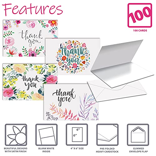 Thank You Cards with Envelopes (100 Pack), 4 Cover Designs, Blank Inside, by Better Office Products, All Occasions, Baby Showers, Graduation, and Weddings, Floral Collection, 100 Pack