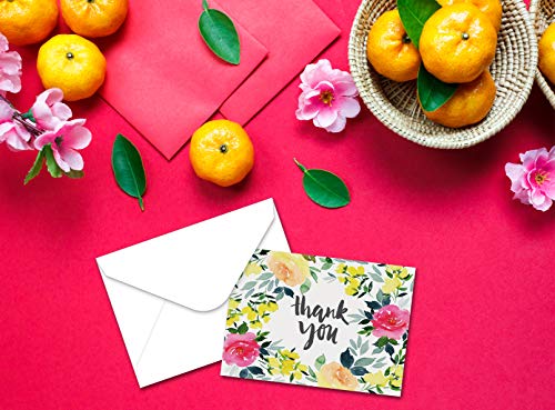 Thank You Cards with Envelopes (100 Pack), 4 Cover Designs, Blank Inside, by Better Office Products, All Occasions, Baby Showers, Graduation, and Weddings, Floral Collection, 100 Pack