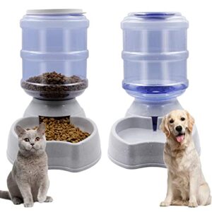 zcaukya automatic cat feeder and water dispenser set, 1 gal x 2 gravity dog water fountain pet food feeder (grey)