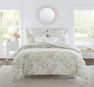 laura ashley home - queen comforter set, reversible cotton bedding, includes matching shams with bonus euro shams & throw pillows (madelynn pastel blue, queen)