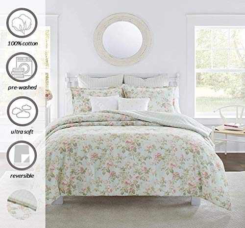 Laura Ashley Home - King Comforter Set, Reversible Cotton Bedding, Includes Matching Shams with Bonus Euro Shams & Throw Pillows (Madelynn Pastel Blue, King)