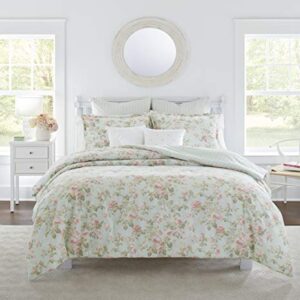 Laura Ashley Home - King Comforter Set, Reversible Cotton Bedding, Includes Matching Shams with Bonus Euro Shams & Throw Pillows (Madelynn Pastel Blue, King)