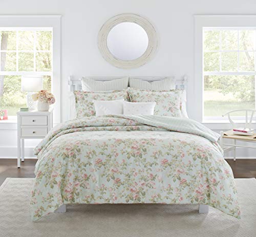 Laura Ashley Home - King Comforter Set, Reversible Cotton Bedding, Includes Matching Shams with Bonus Euro Shams & Throw Pillows (Madelynn Pastel Blue, King)