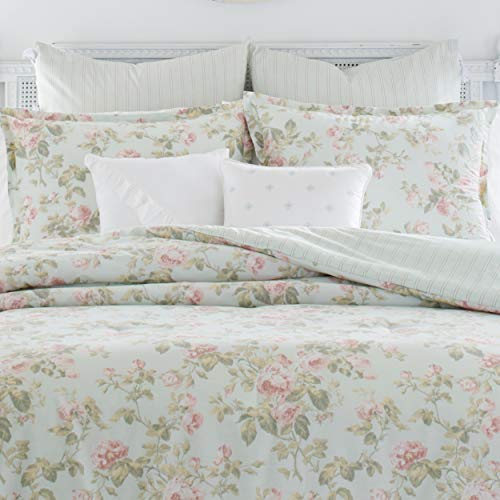 Laura Ashley Home - King Comforter Set, Reversible Cotton Bedding, Includes Matching Shams with Bonus Euro Shams & Throw Pillows (Madelynn Pastel Blue, King)