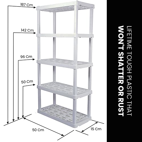 Oskar 5-Tier Storage Shelf, Interlocking Heavy Duty Shelving Unit, 750 lbs (340 kg) Capacity, Multipurpose Organizer for Garage, Basement, Utility Shed, Workshop, Made in North America, White