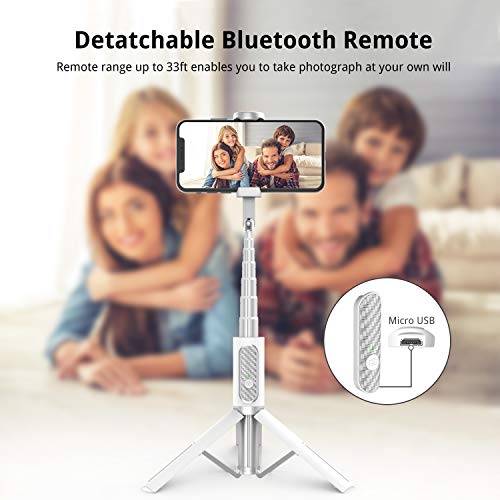 ATUMTEK Bluetooth Selfie Stick Tripod, Extendable 3 in 1 Aluminum Selfie Stick with Wireless Remote and Tripod Stand 270 Rotation for iPhone 13/12/11 Pro/XS Max/XS/XR/X, Samsung and Smartphone White