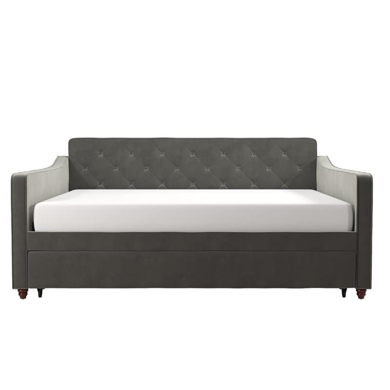 Novogratz Vintage Upholstered Full Twin Trundle Set, Grey Daybed, Gray Velvet