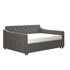 Novogratz Vintage Upholstered Full Twin Trundle Set, Grey Daybed, Gray Velvet