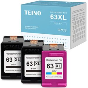 teino 63 63xl remanufactured ink cartridge replacement for hp 63xl 63 xl use with hp envy 4520 4512 4510 officejet 4650 5255 3830 5258 5252 3833 4652 deskjet 1112 2130 3630 3632 (2 black, 1 tri-color)