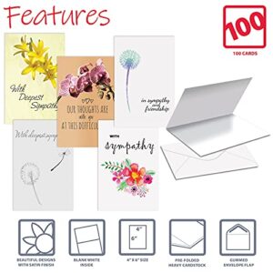 Assorted Sympathy Cards, 100-Pack, 4 x 6 inch, 5 Cover Designs, Blank Inside, by Better Office Products, with Envelopes, 100 Pack