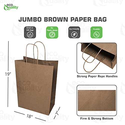 EcoQuality 18x7x19 inches - 50pcs - X-Large Brown Kraft Paper Bags with Handles, Shopping, Gift Bags, Party, Merchandise, Lunch Bags, Grocery Bags