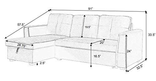 Legend Furniture Velvet Chaise Storage Reversible Sofa Bed Sleeper Sectional, 91", Grey