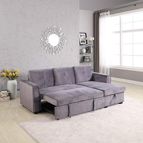 Legend Furniture Velvet Chaise Storage Reversible Sofa Bed Sleeper Sectional, 91", Grey