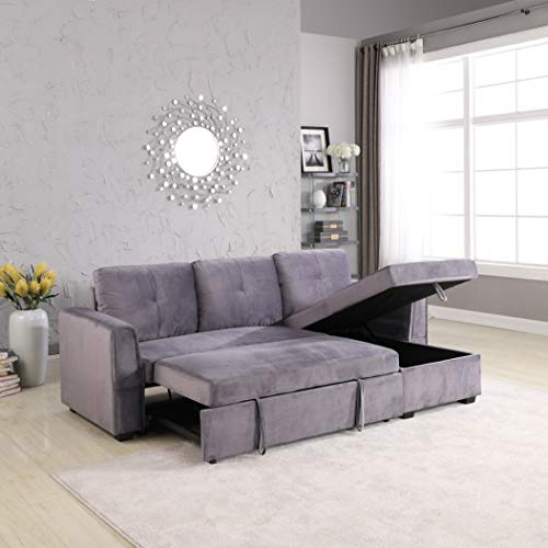 Legend Furniture Velvet Chaise Storage Reversible Sofa Bed Sleeper Sectional, 91", Grey