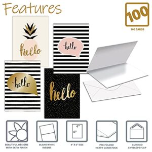 Hello Greeting Cards, All Occasion Cards, 100-Pack, 4 x 6 inch, 4 Elegant Cover Designs, Blank Inside, by Better Office Products, Thinking of You Cards, Hello Note Cards, with Envelopes, 100 Pack