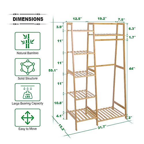 Ufine Bamboo Garment Rack 7-Tier Storage Shelves Clothes Hanging Rack, Heavy Duty Clothing Rack Minimalism Wardrobe Closet Organizer for Indoor