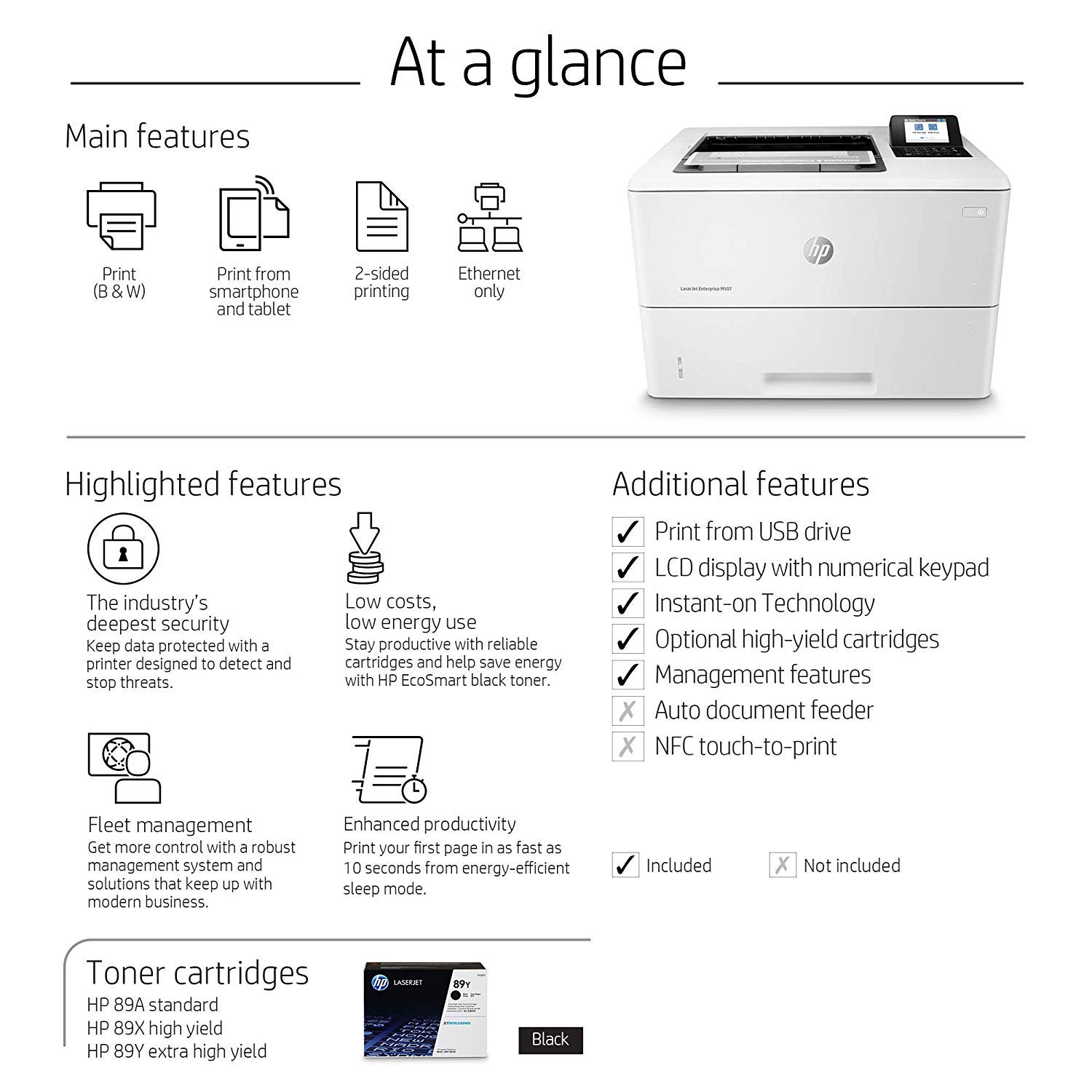 HP LaserJet Enterprise M507dn Monochrome Printer with built-in Ethernet & 2-sided printing (1PV87A) White