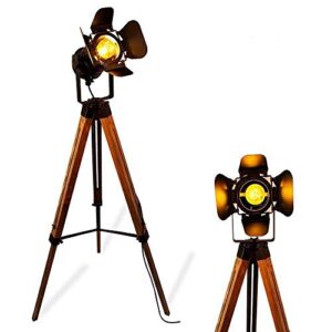 vintage black wood tripod floor lamp for living room, modern industrial metal nautical cinema e26 standing corner searchlight - rustic reading adjustable desk table light for bedroom office decoration